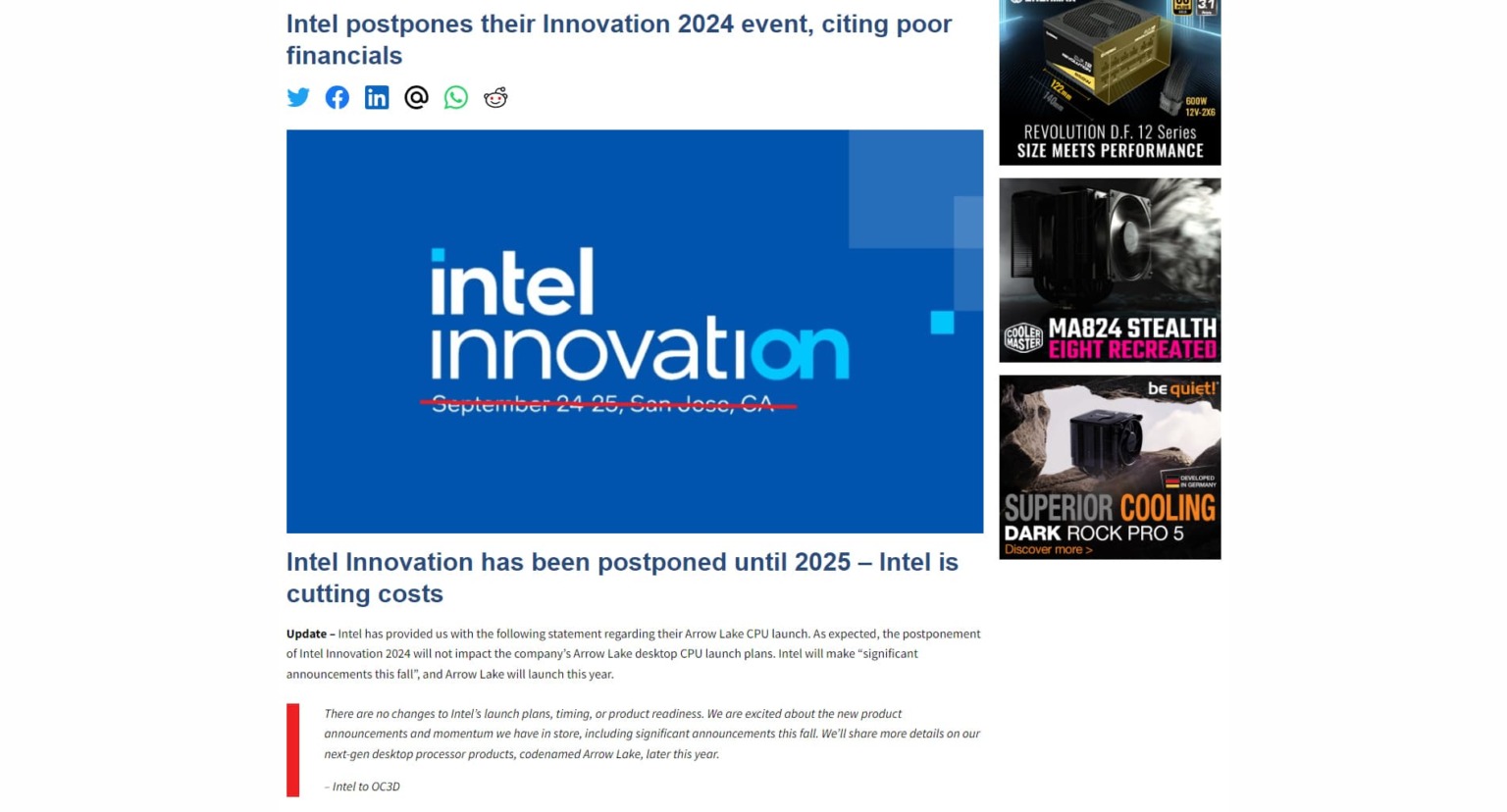 Intel Innovation 2024の延期はArrow LakeデスクトップCPUの発売時期には影響しない | ニッチなPCゲーマーの環境構築Z