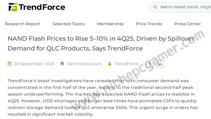 TrendForce、2025年第4四半期のSSD価格予測を発表。引き続き値上がり傾向 | ニッチなPCゲーマーの環境構築Z