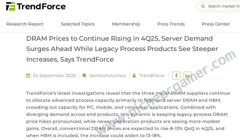 TrendForce、2025年第4四半期のメモリ価格予測を発表。PC向けメモリは緩やかに上昇と予測 | ニッチなPCゲーマーの環境構築Z