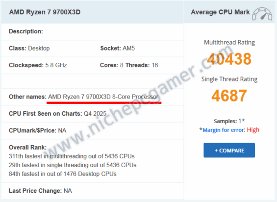 AMD未発表のRyzen 7 9700X3DがPassMarkに掲載！Ryzen 7 9800X3Dの下位モデル [Update 1 ...