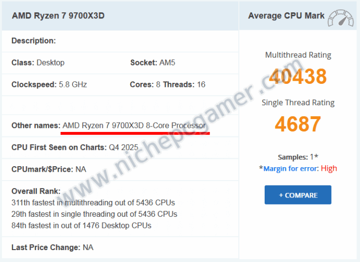 AMD未発表のRyzen 7 9700X3DがPassMarkに掲載！Ryzen 7 9800X3Dの下位モデル [Update 1 ...